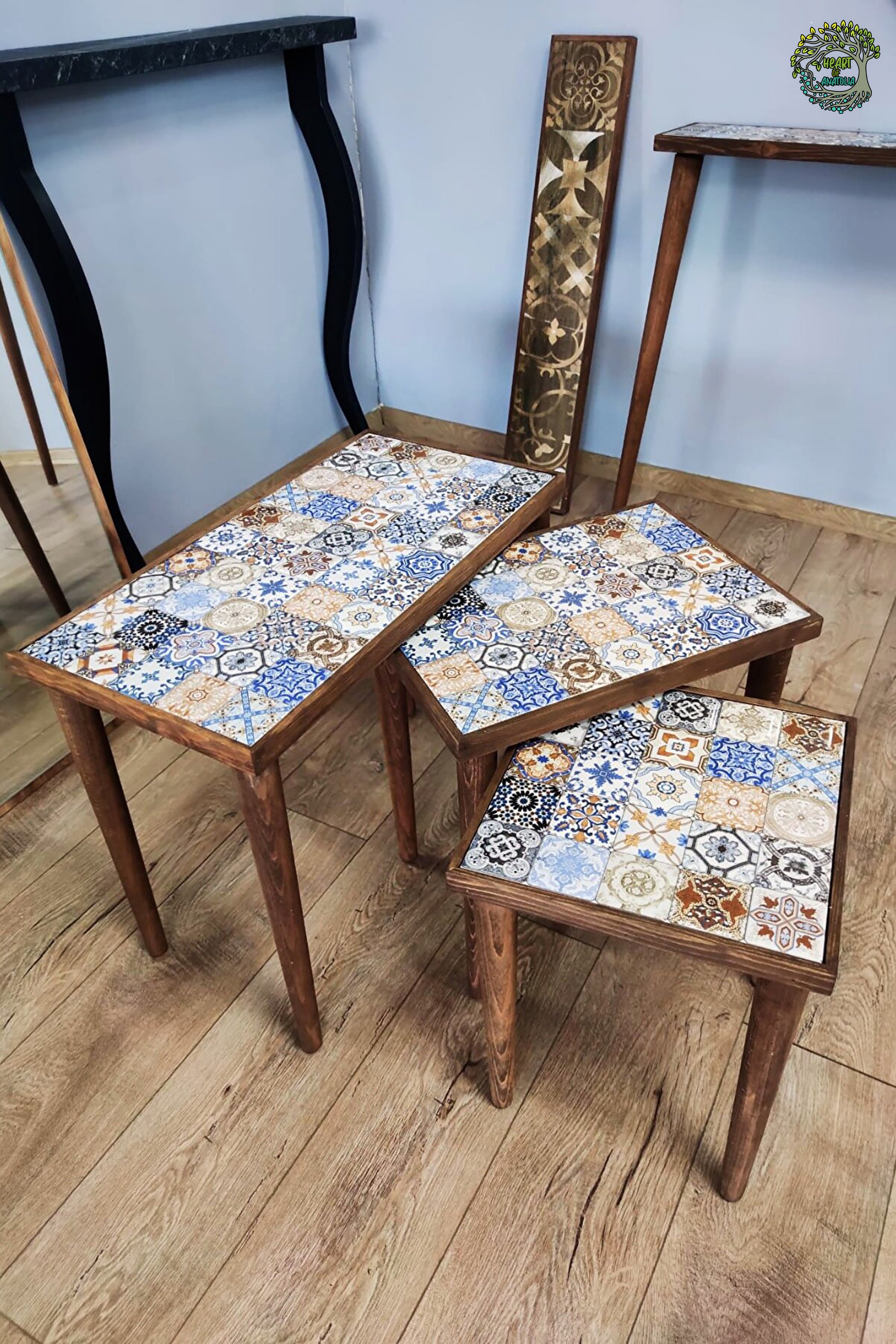 3x Wood & Tile Nesting Coffee Table Set - Handmade Accent Tables - Etsy