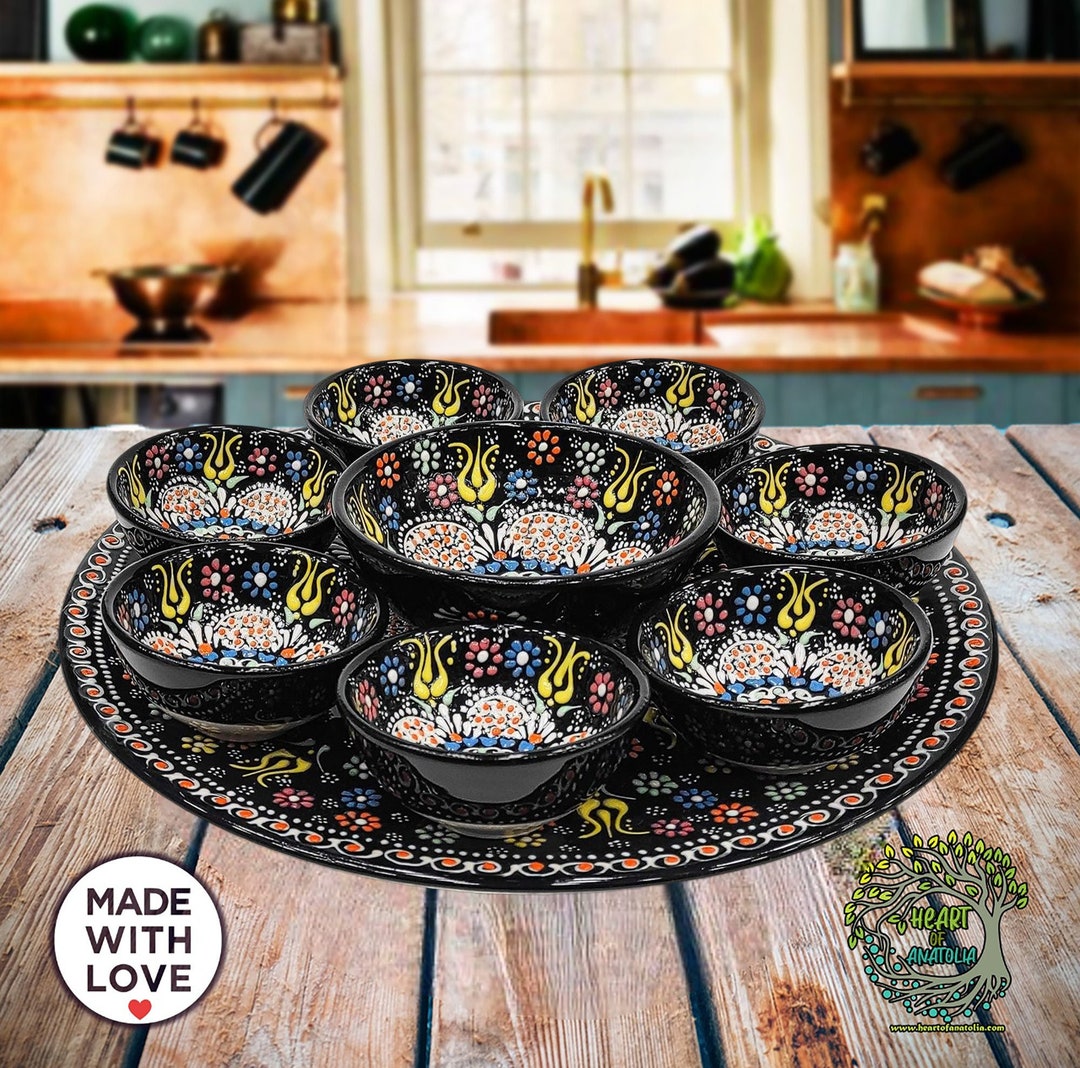 Handmade Dinnerware Set of 9 Pieces | Ceramic Tray Bowls Platter Set ...