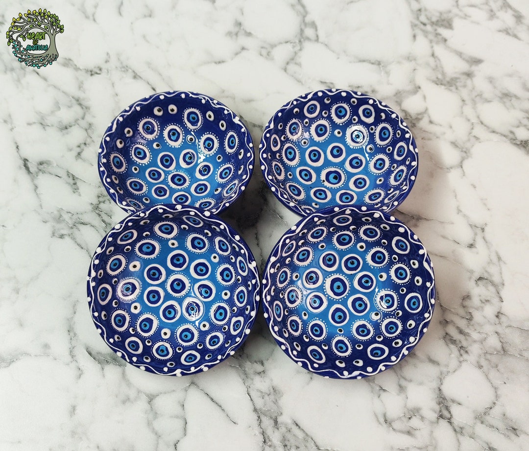 Evil Eye Ceramic Bowls Set of 4 | Handmade Blessing Round Pottery for ...