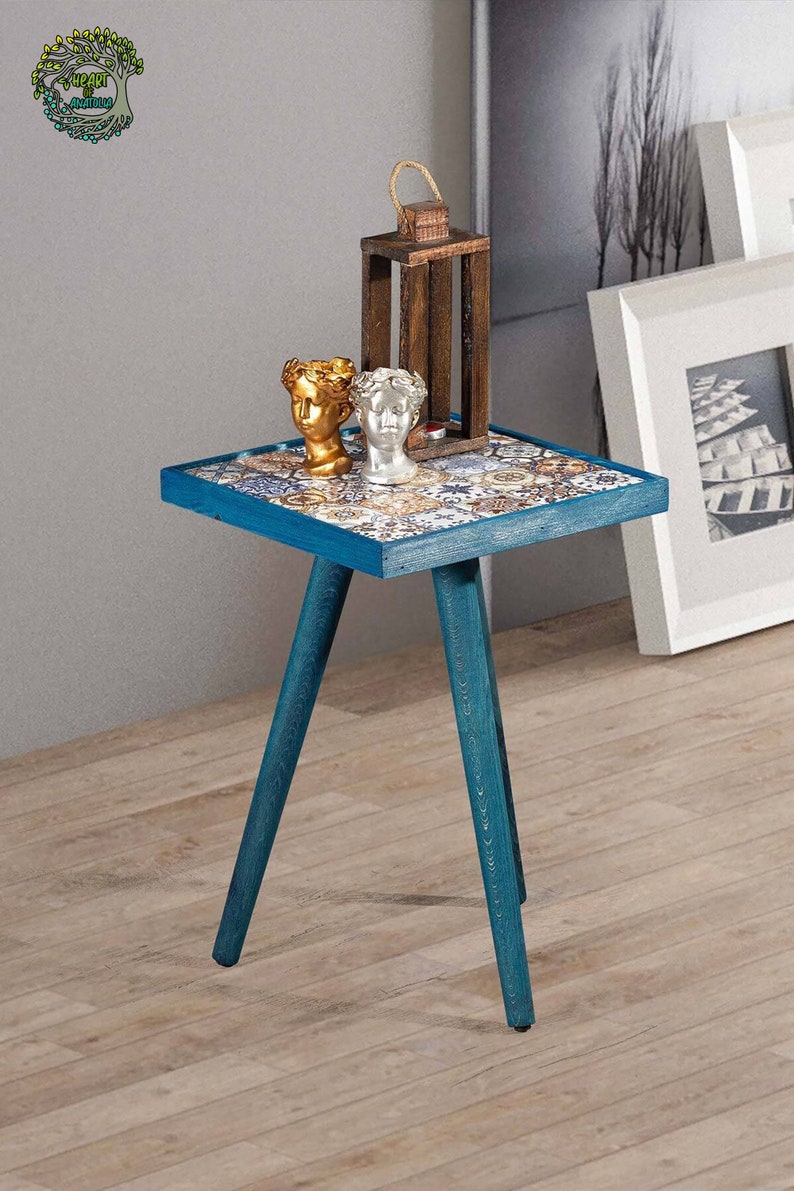 Square Coffee Table Wood & Stone Tile Side Table Reclaimed - Etsy