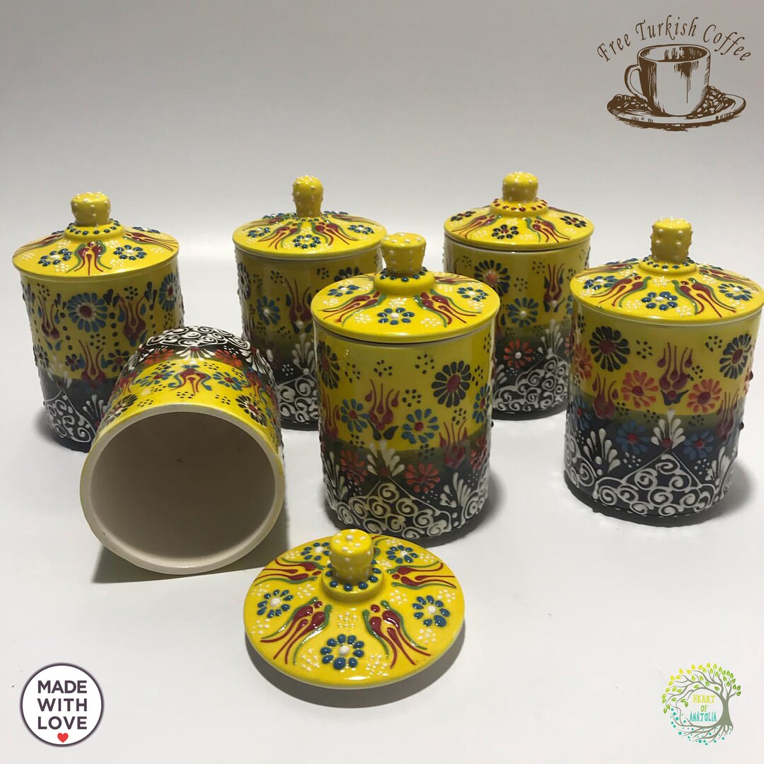 Handmade Yellow Ceramic Spice Jar Set | Turkish Kitchen Decor - Etsy