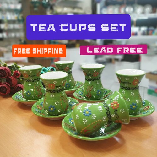 White Handpainted Ceramic Tea Mugs Set of 6 Turkish Black Tea - Etsy