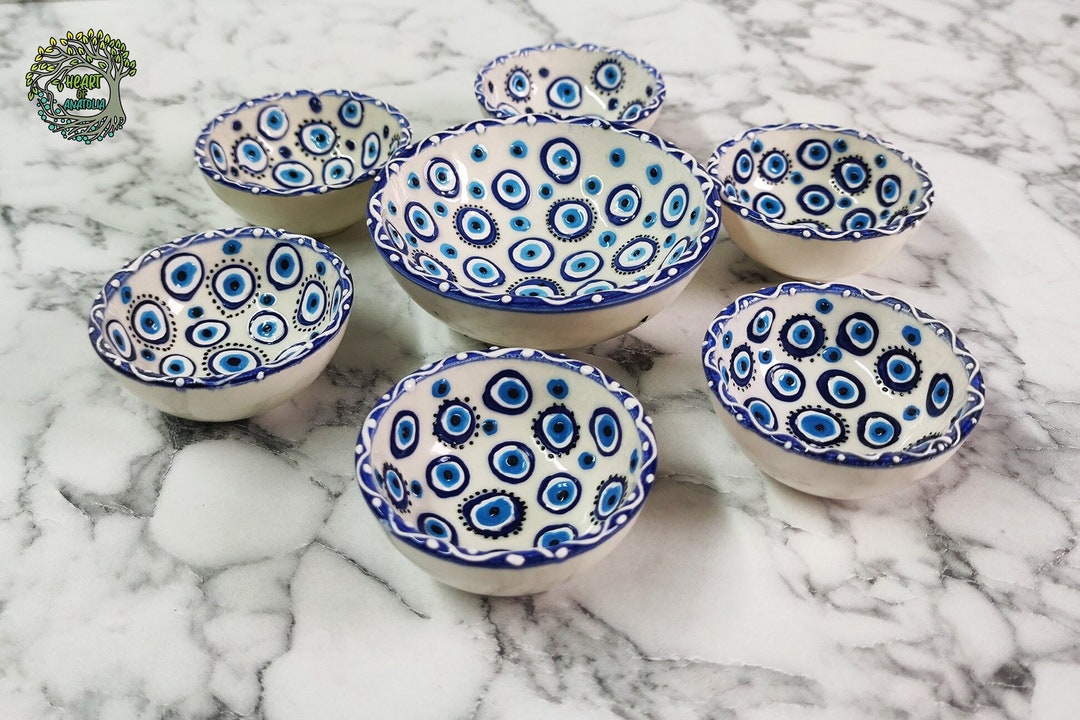 Handmade Ceramic Bowls Set | Turkish Pottery Evil Eye Design - Etsy