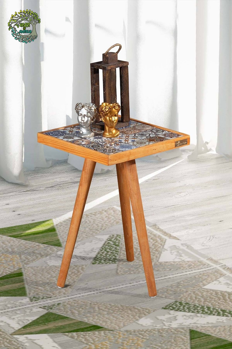 Square Coffee Table Wood & Stone Tile Side Table Reclaimed - Etsy