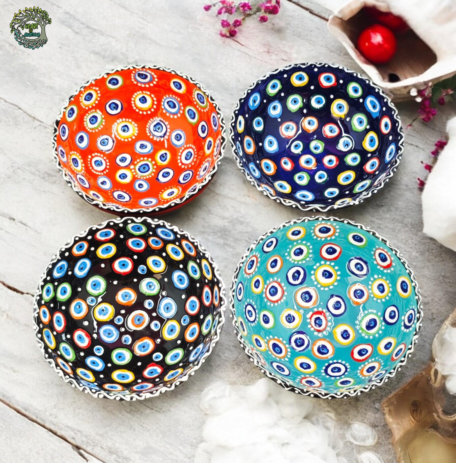 Handmade Turkish Ceramic Evil Eye Bowl Set | Colorful Mediterranean ...