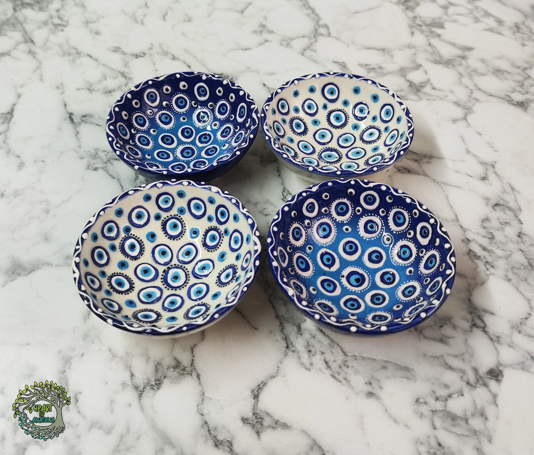 Handmade Ceramic Evil Eye Bowls | Turkish Pottery Set (4.8"/12cm) - Etsy