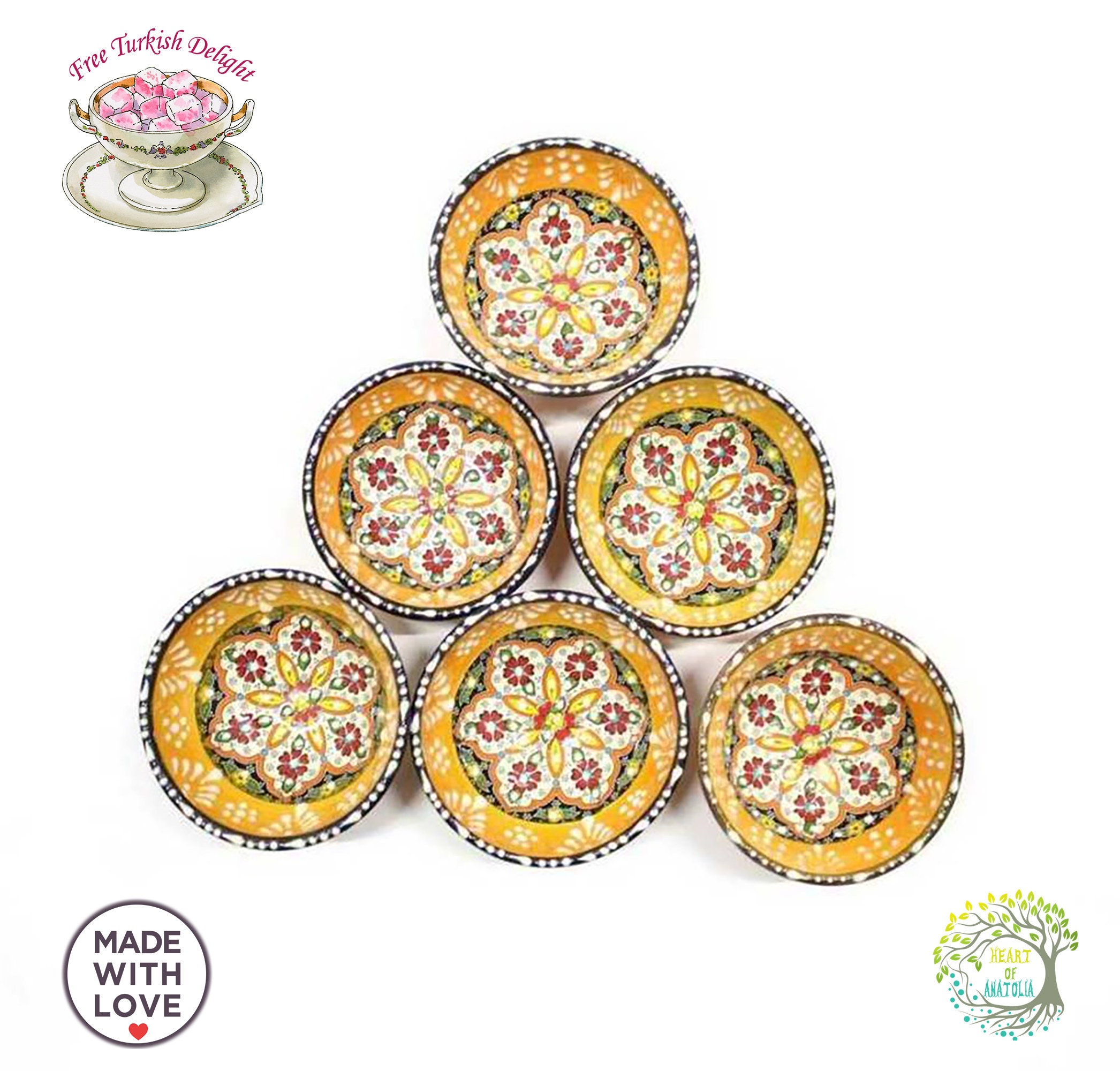 6x Turkish Ceramic Bowls Set 3.2 Floral Embroidered | Etsy