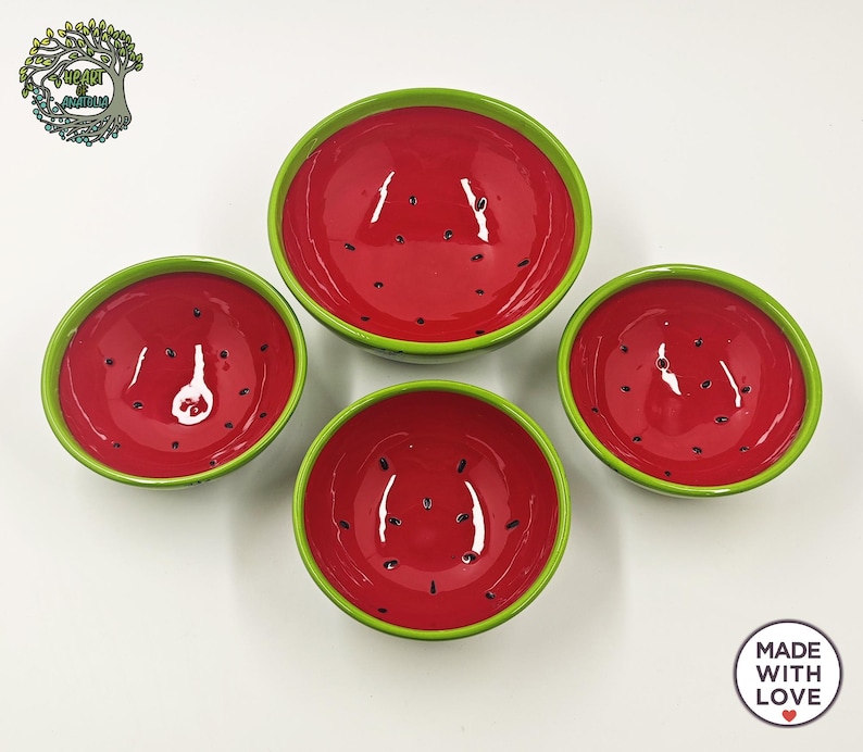 Handmade Watermelon Ceramic Bowl Set | Embossed Painted Serving Dishes ...