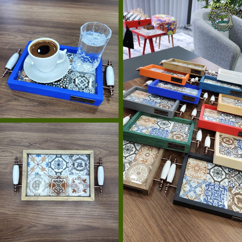 Handmade Ceramic Tile Tray | Wood Serving Board With Handles - Etsy