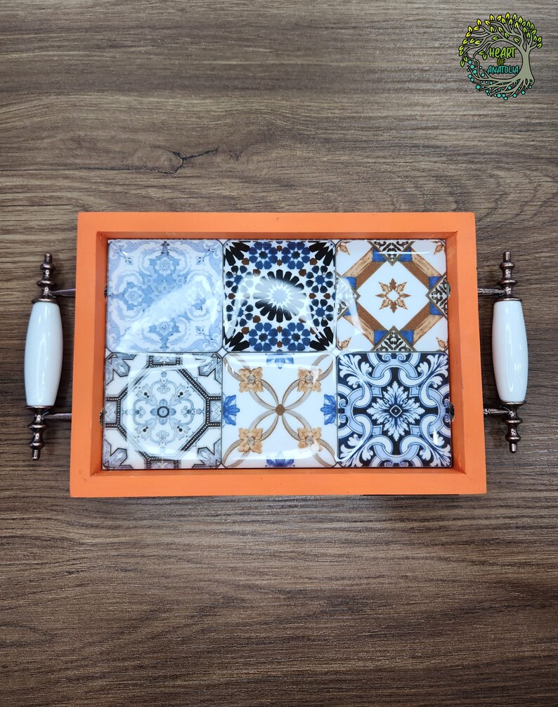 Handmade Ceramic Tile Tray | Wood Serving Board With Handles - Etsy