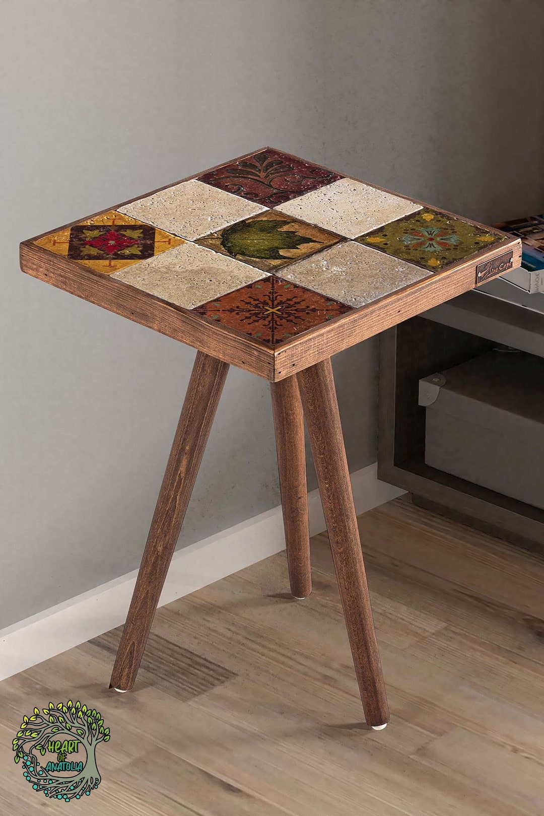 Stone & Wood Coffee Table Decor | Handmade Tiles Bedside Table ...