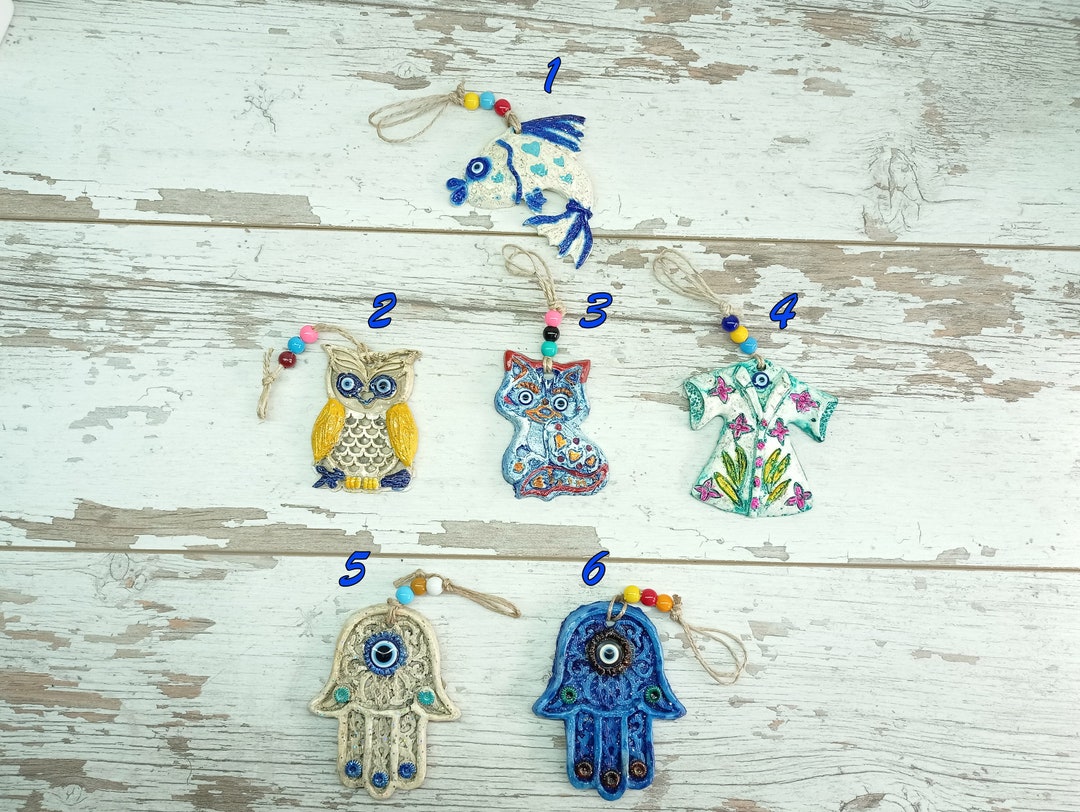 Handmade Ceramic Evil Eye Amulet: Hamsa, Cat, Owl, Dolphin Wall Decor ...