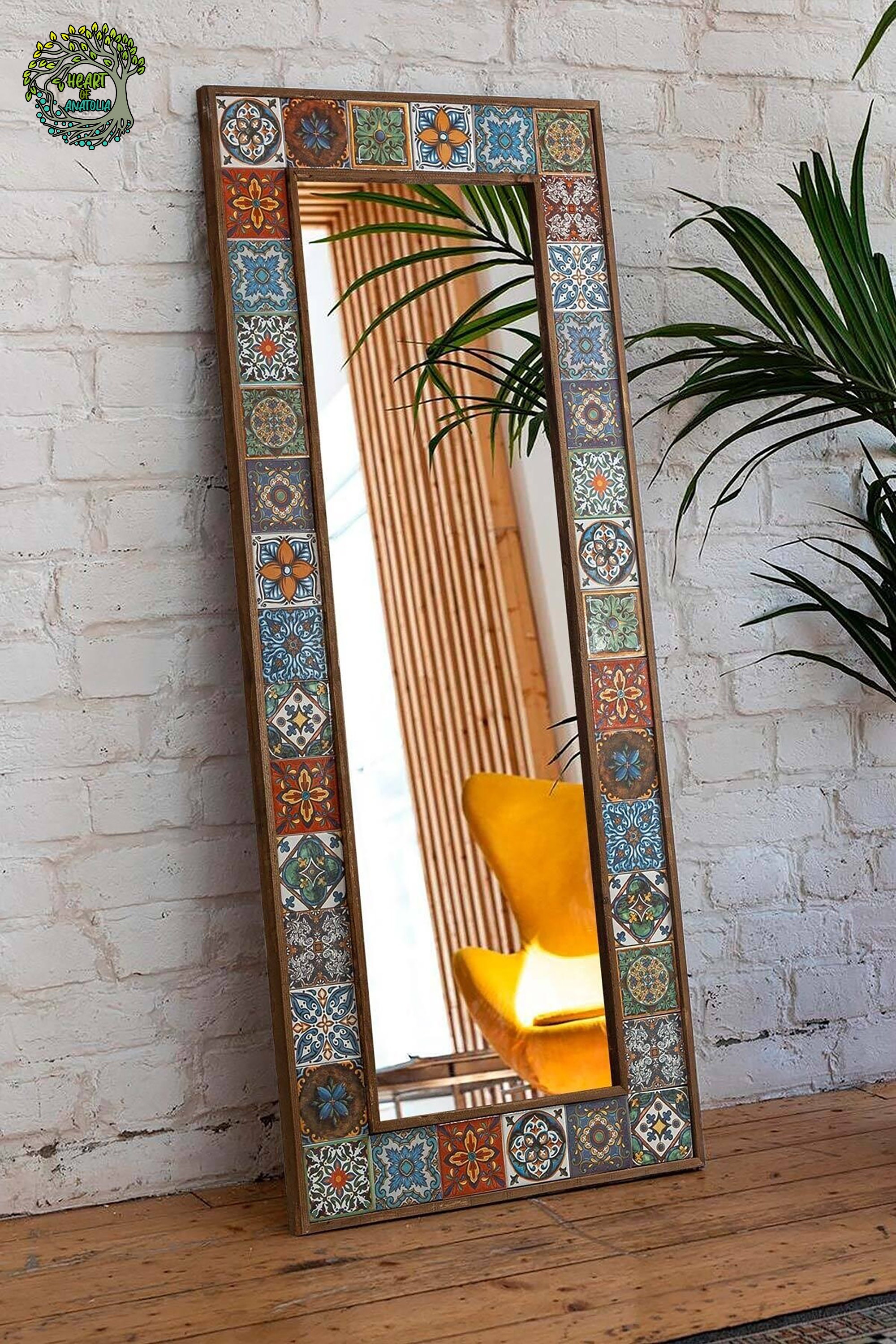 Mosaic Tile Mirror | Boho Wall Decor - Handmade Wood Frame - Etsy