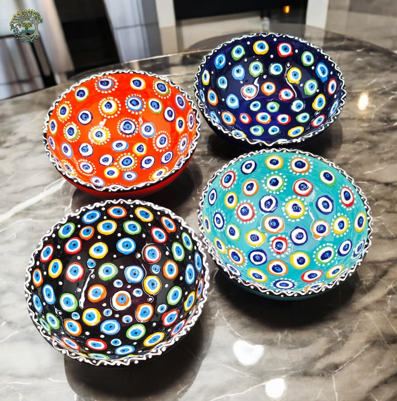 Handmade Turkish Ceramic Evil Eye Bowl Set | Colorful Mediterranean ...