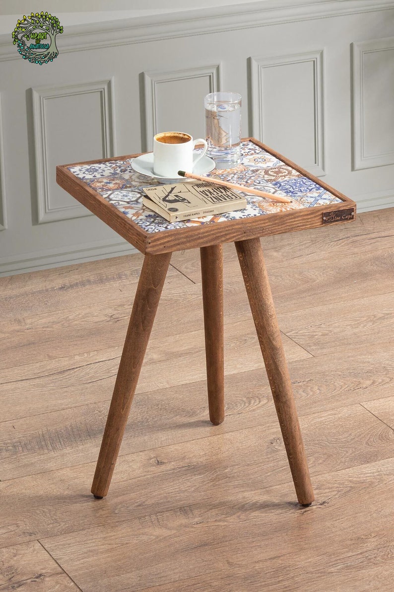 Square Coffee Table Wood & Stone Tile Side Table Reclaimed - Etsy