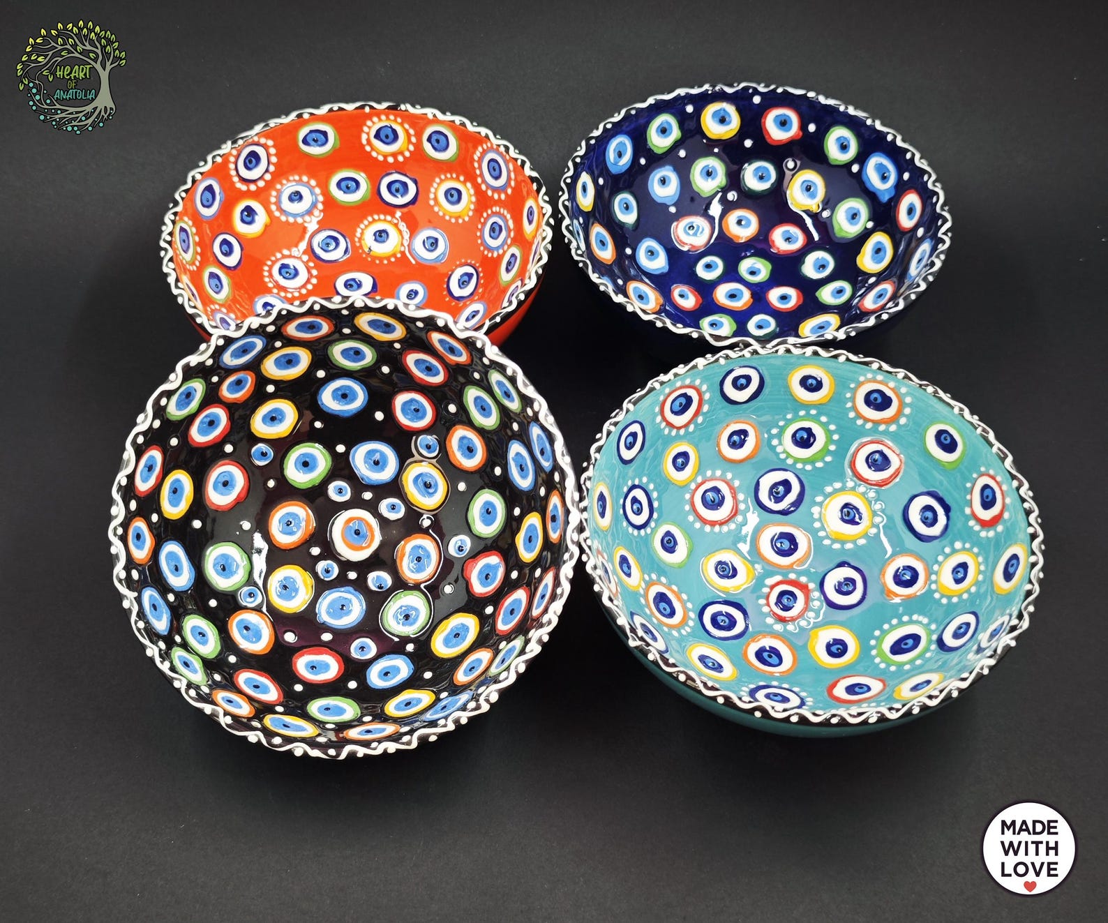 Handmade Turkish Ceramic Evil Eye Bowl Set | Colorful Mediterranean ...