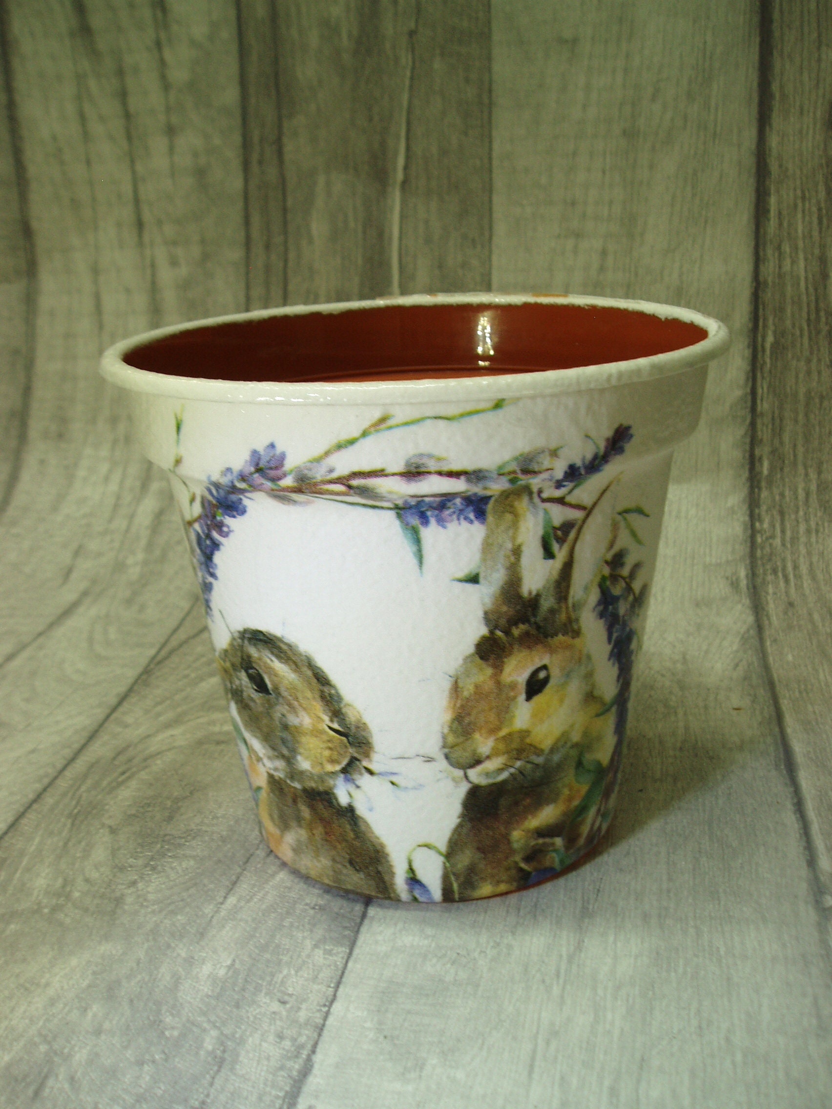 Decoupage Flower Pot. Rabbits in Lavender. Plastic Indoor Flower Pot ...