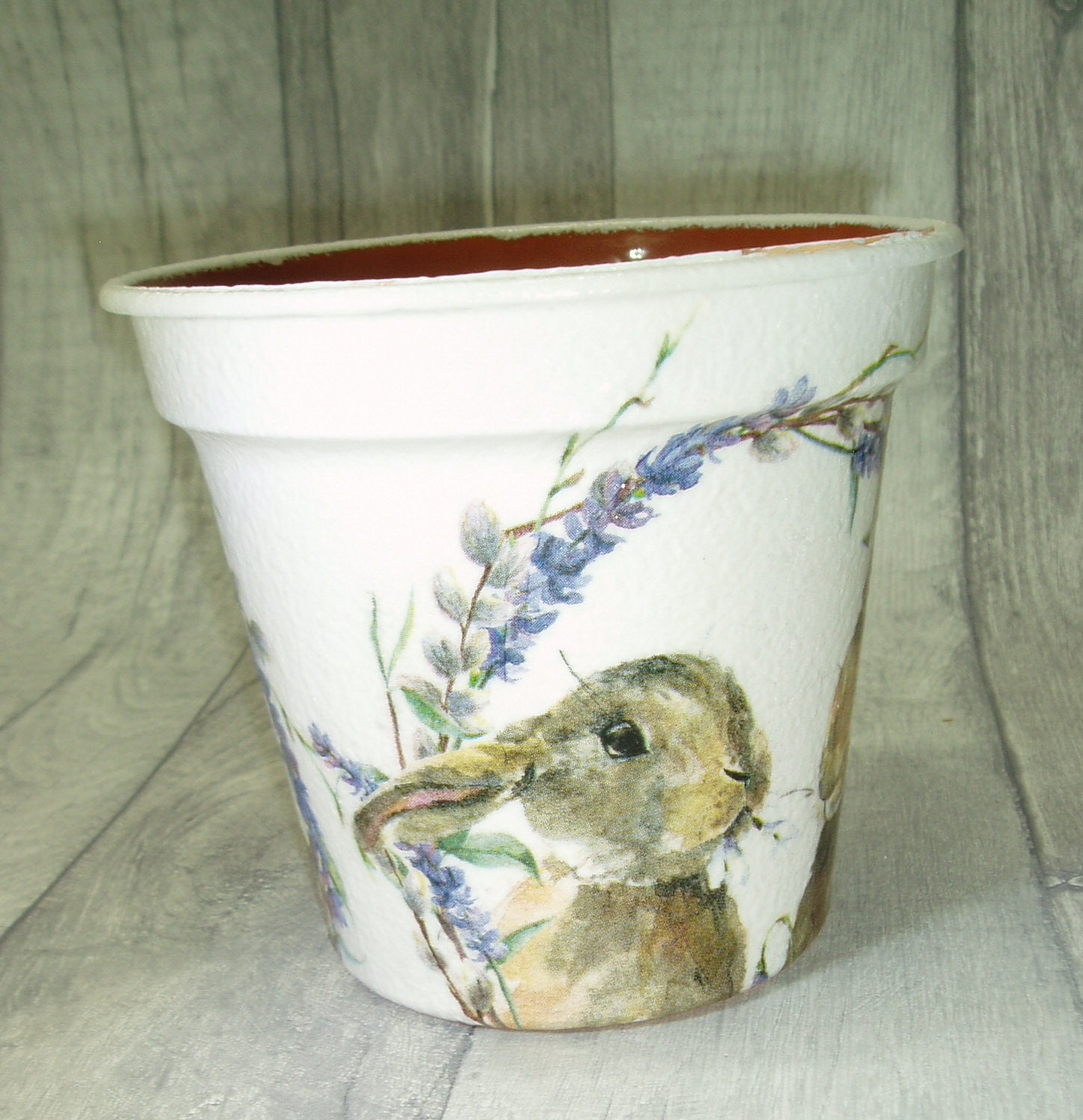 Decoupage Flower Pot. Rabbits in Lavender. Plastic Indoor Flower Pot ...