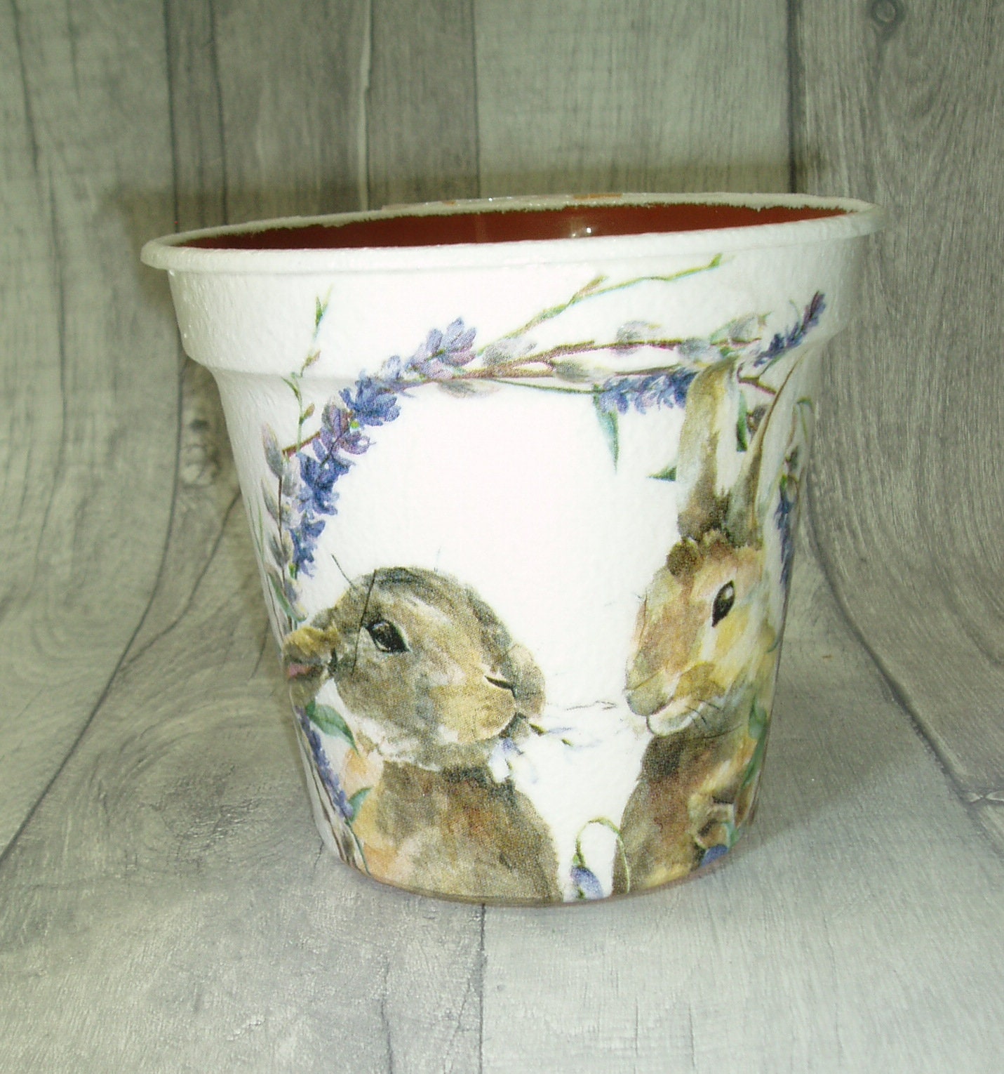 Decoupage Flower Pot. Rabbits in Lavender. Plastic Indoor Flower Pot ...