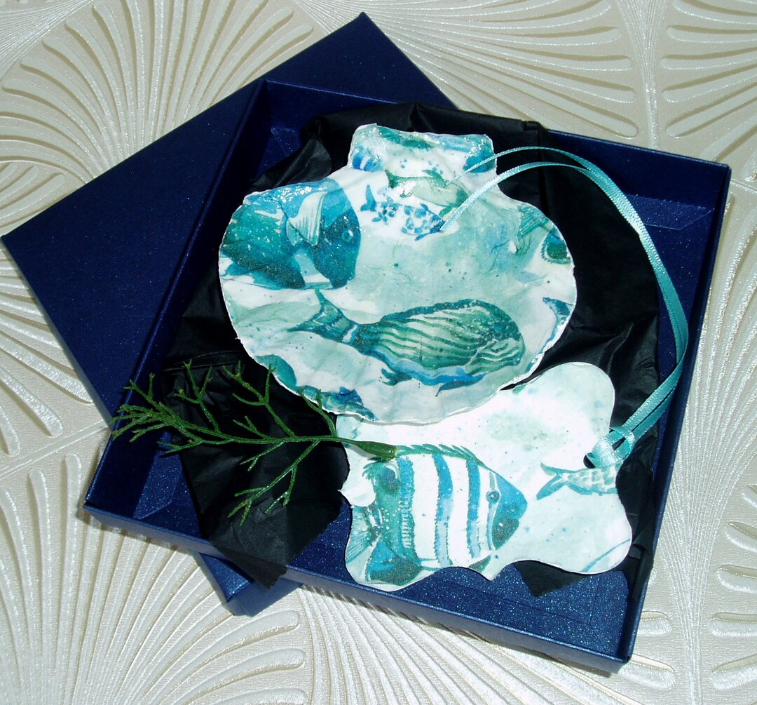 Decoupage Scallop Shell. Fish Design. Supplied in Presentation Box With ...