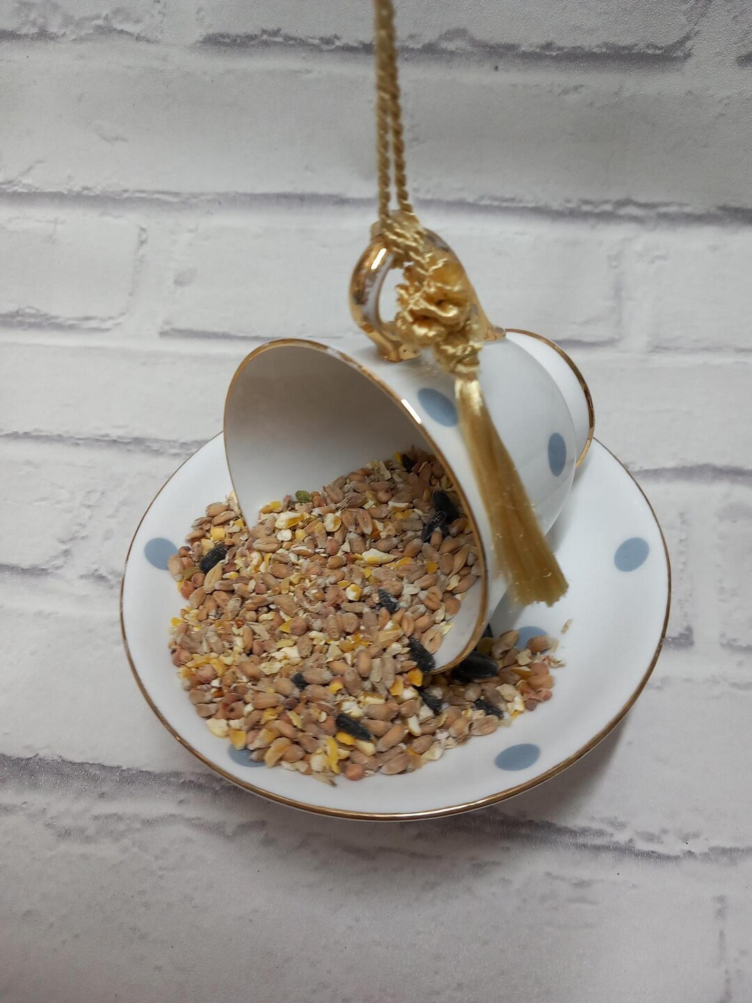 Bird Feeder. Spotted Tea Cup and Saucer Bird Feeder. Mothers Day Gift ...