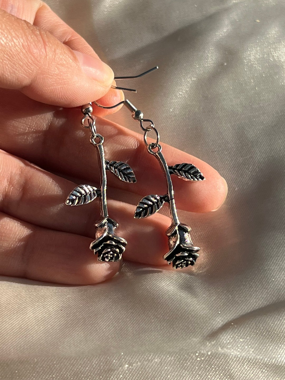 ROSE DANGLE Earrings,rose Gothic Earrings,rose Earrings Silver,rose Bud ...