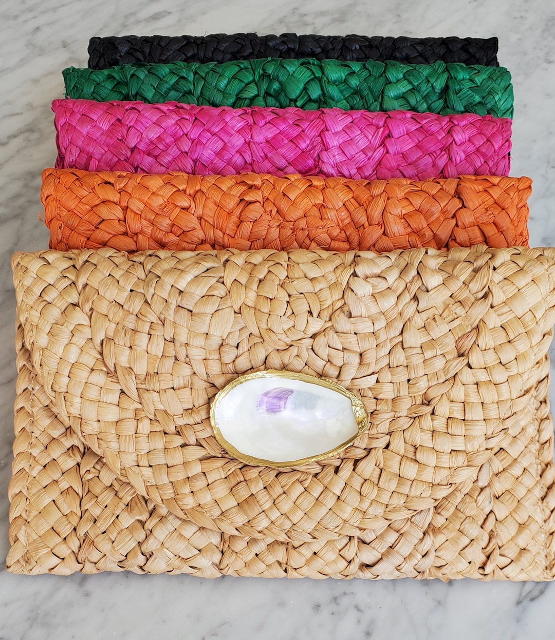 Woven Straw Clutch Purse With Hand Gilded Oyster Shell. Shell Beach ...