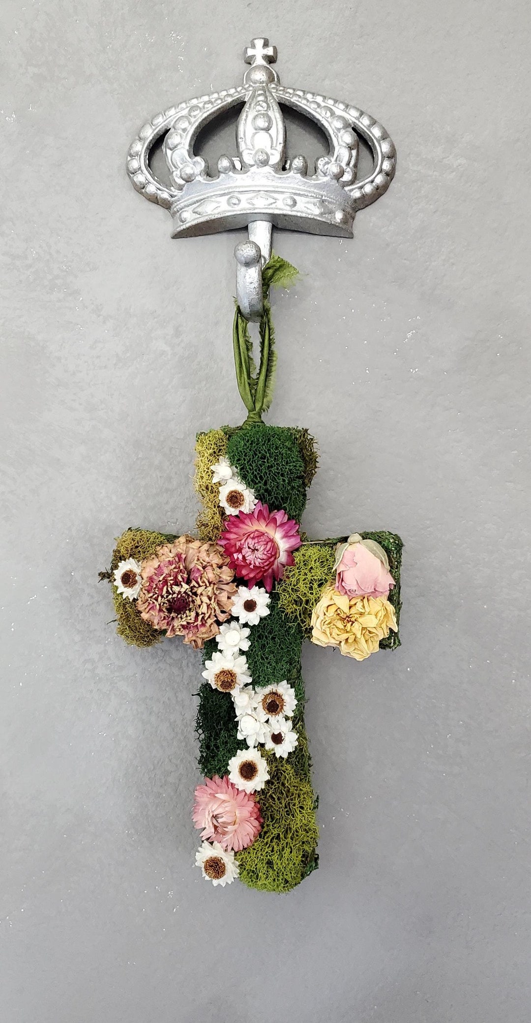Bespoke Wood Cross W Moss & Dried Flowers Cross Ornament. Moss Art ...