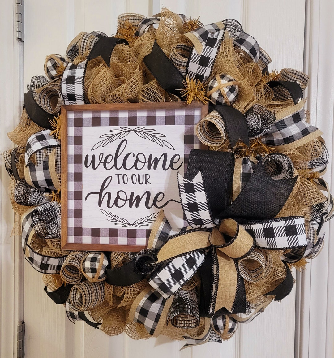 Buffalo Plaid Farmhouse Wreath, Rustic Welcome Wreath, Welcome Home ...