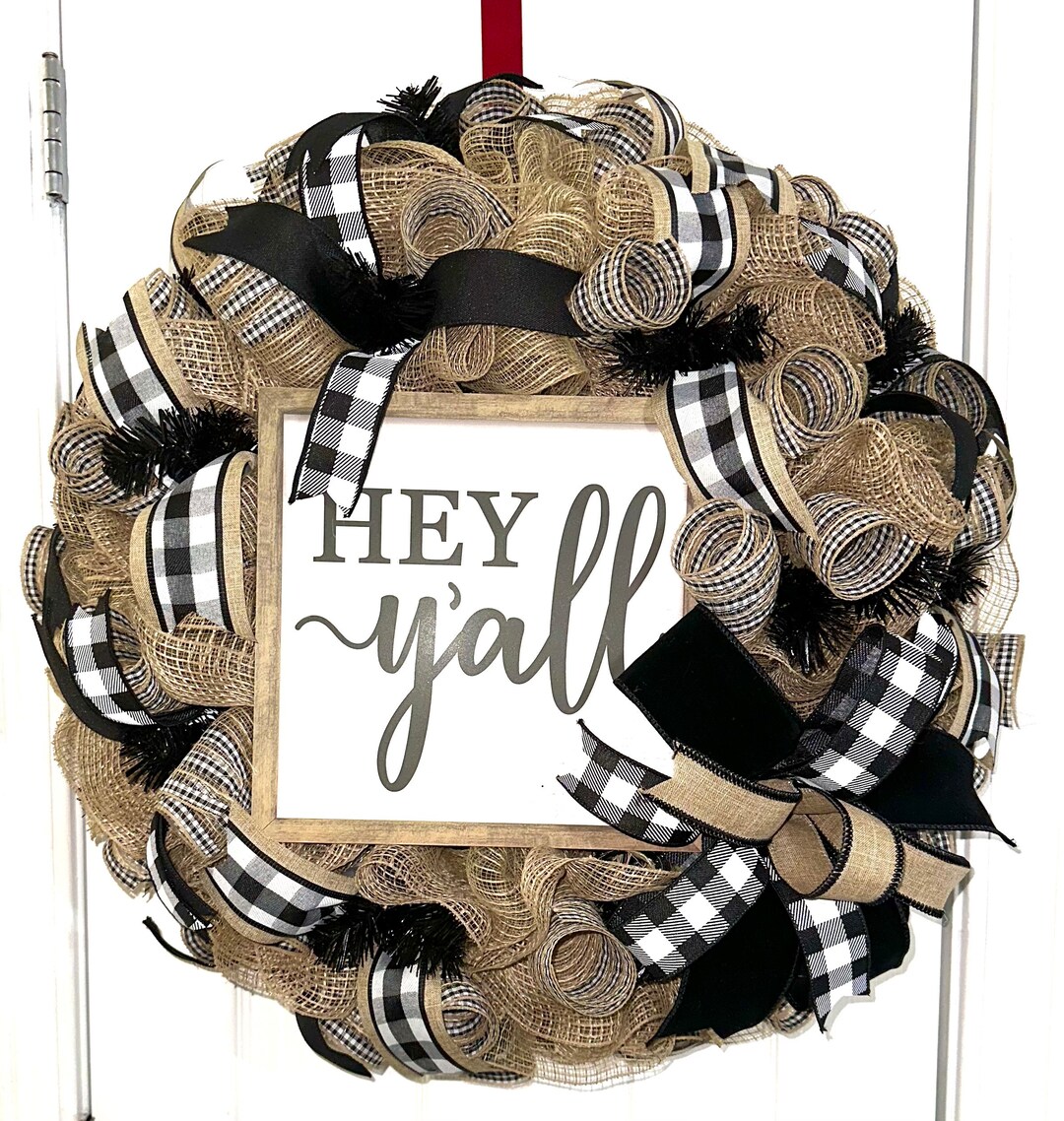 Buffalo Plaid Farmhouse Wreath, Rustic Hey Y'all Wreath Hey Y'all Door Wreath, Plaid Wreath ...
