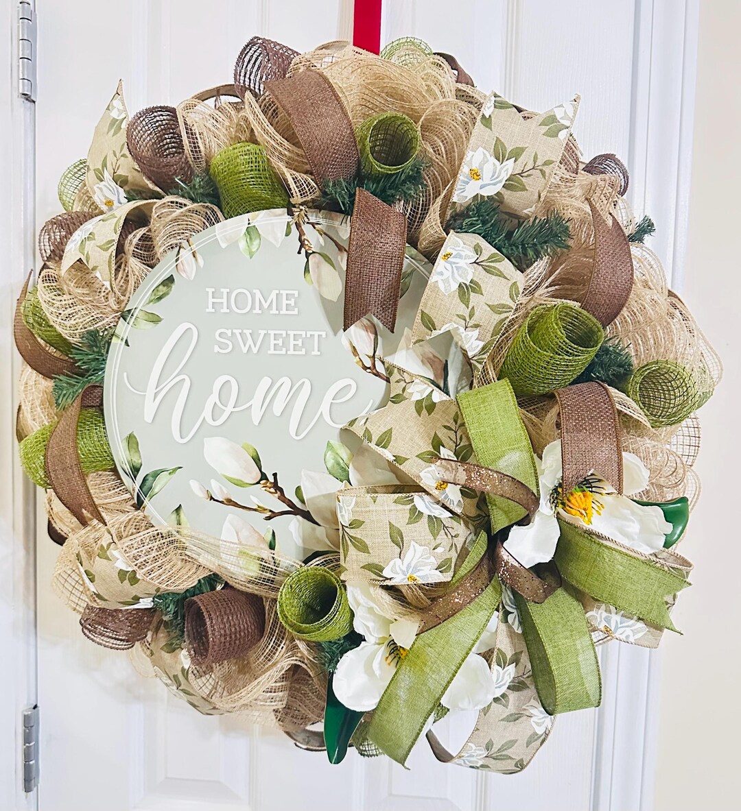 Home Sweet Home Wreath, Rustic Magnolia Decor, Burlap and Greenery Mesh ...