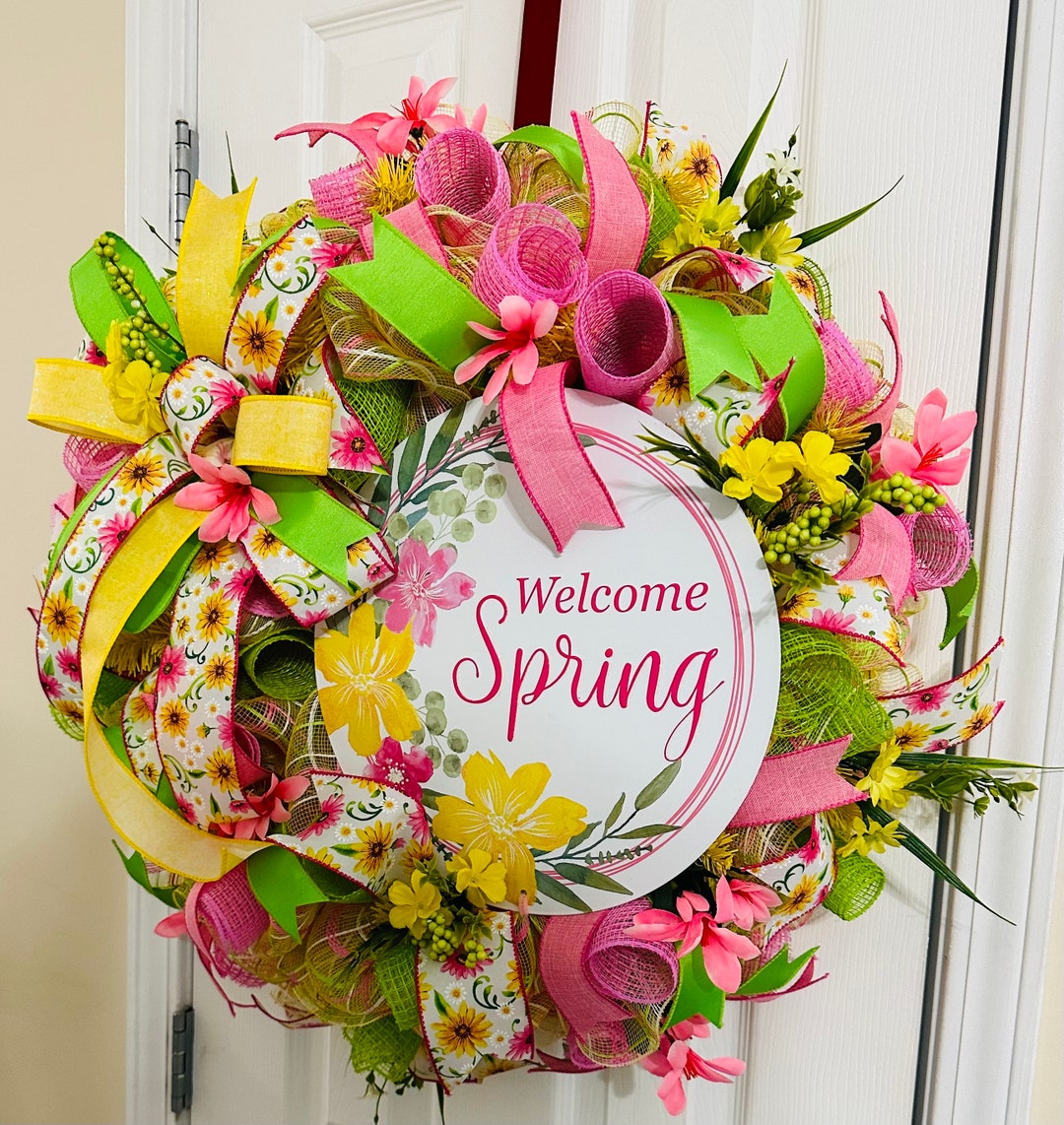 Spring Fling Mesh Wreath - Pink, Green, and Yellow Welcome Spring ...