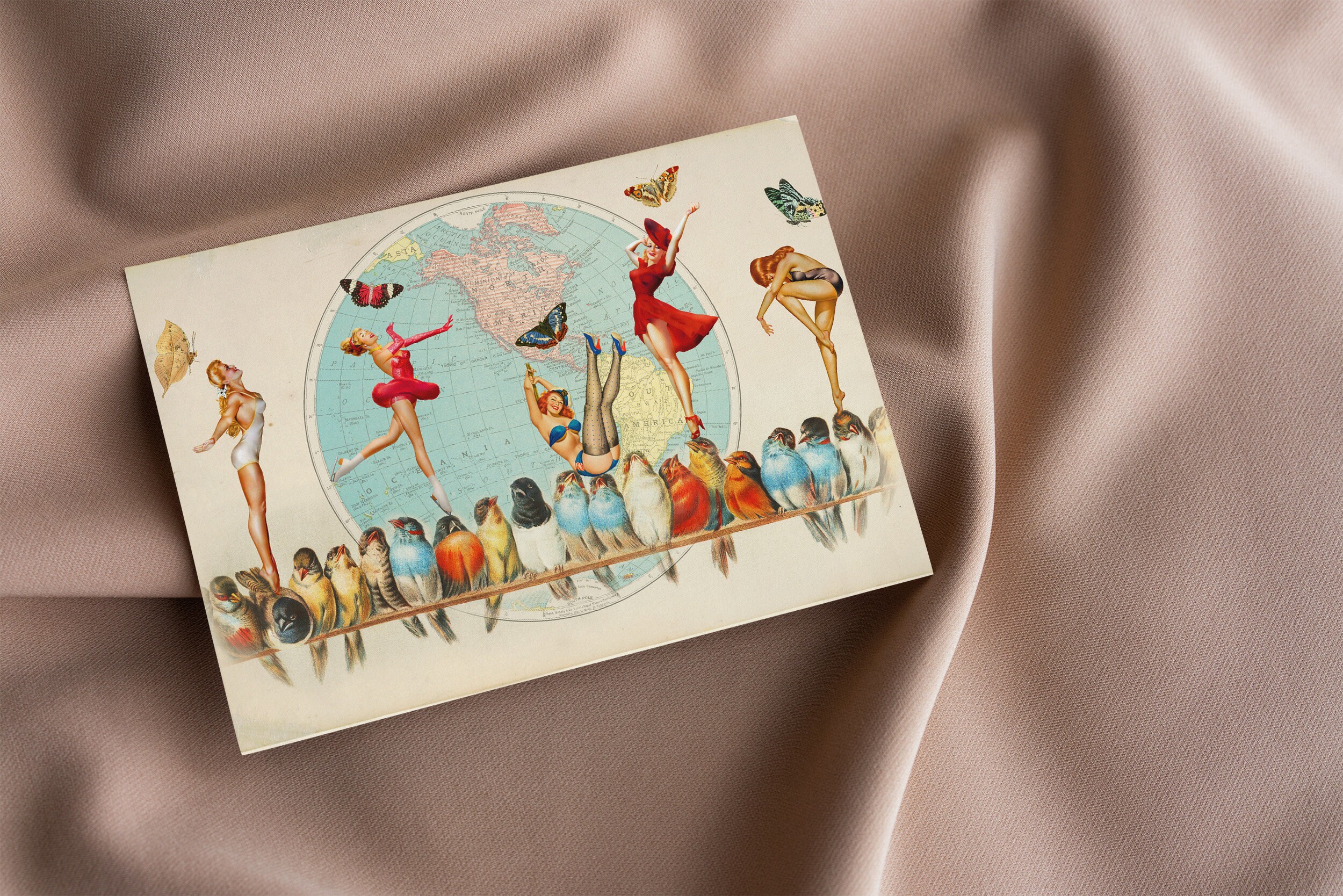 Pin up Girls Postcards, Vintage Style World Map Robin Birds Pinup ...