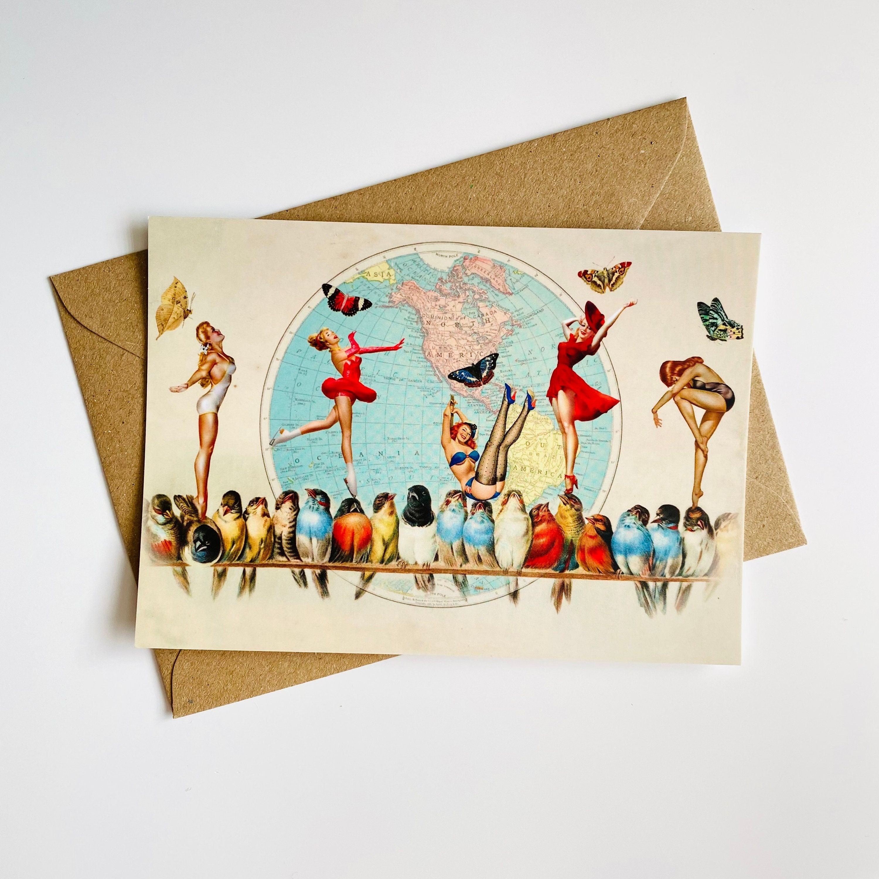 Pin up Girls Postcards, Vintage Style World Map Robin Birds Pinup ...