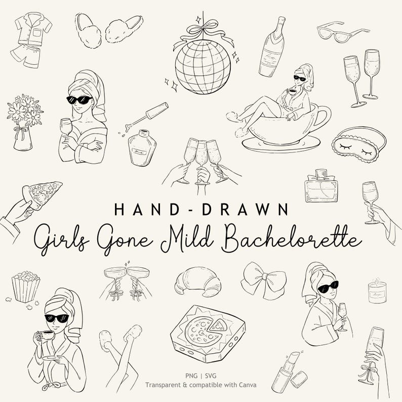 Girl Gone Mild Bachelorette Hand Drawn Line Art: Girls Spa Weekend Bach ...