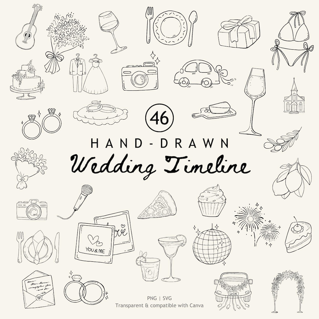 Hand Drawn Wedding Timeline Icons: Whimsical Doodle Art (SVG & PNG ...