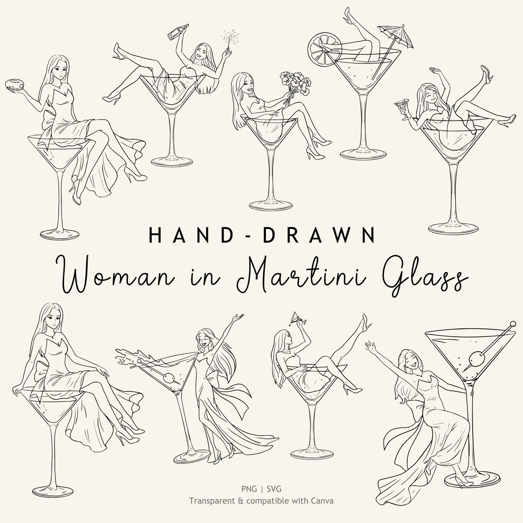 Woman in Martini Glass Line Art: Bachelorette Party Clipart (SVG, PNG ...