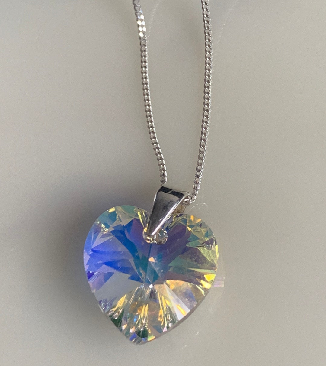 Rainbow Crystal Heart Necklace on a Sterling Silver Chain, Clear ...