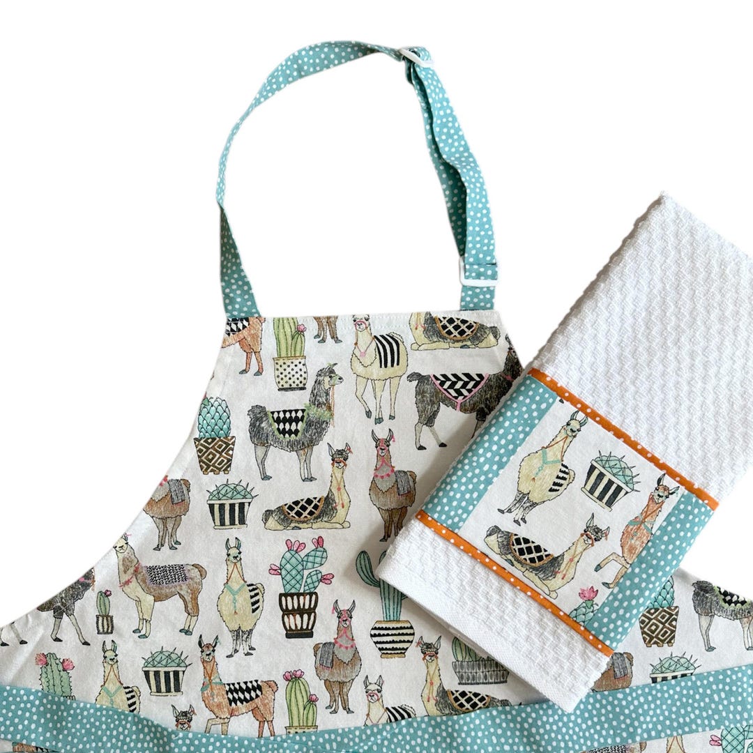 Boho Teal Llama Kitchen Apron With Matching Towel, Apron With Pockets ...