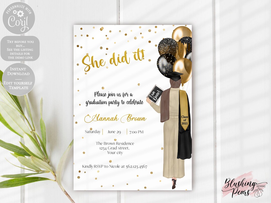 Muslim Graduation Invitation, Class of 2021 Graduation, She Did It ...
