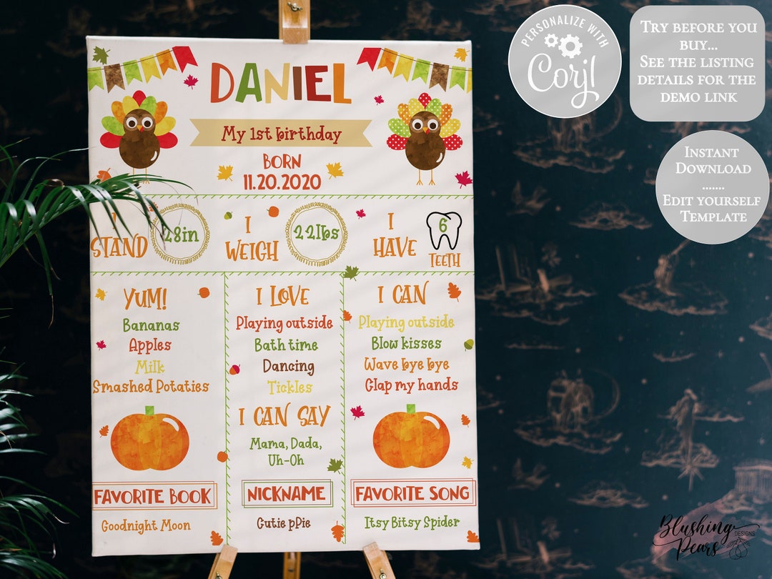 Turkey First Birthday Sign, Fall Birthday Milestone, Turkey 1st ...