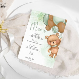 Green Teddy Bear Menu Template, We Can Bearly Wait Printable Menu Card ...