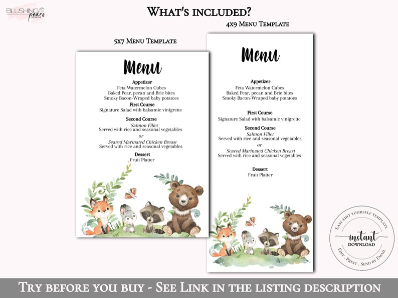 Green Teddy Bear Menu Template, We Can Bearly Wait Printable Menu Card ...