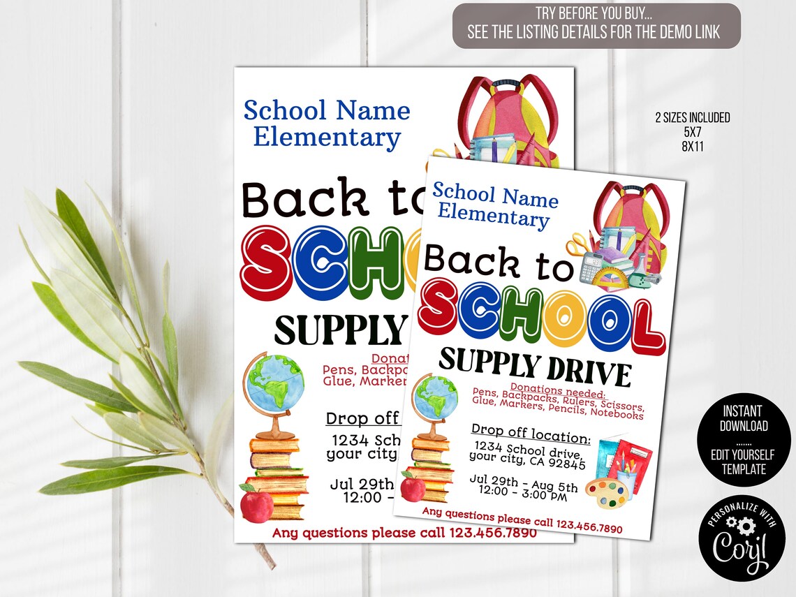 Back to School Supply Drive, School Supply Drive Flyer, EDITABLE School ...