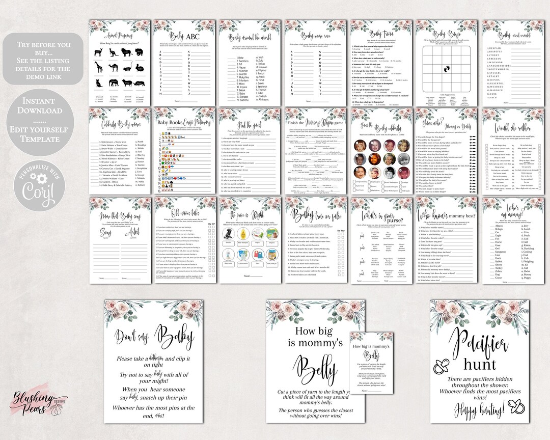 Boho Rose Baby Shower Games, Floral Baby Shower Games, Pink Party Games ...