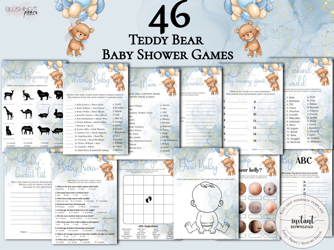 Teddy Bear Baby Shower Games Bundle, We Can Bearly Wait Baby Shower ...