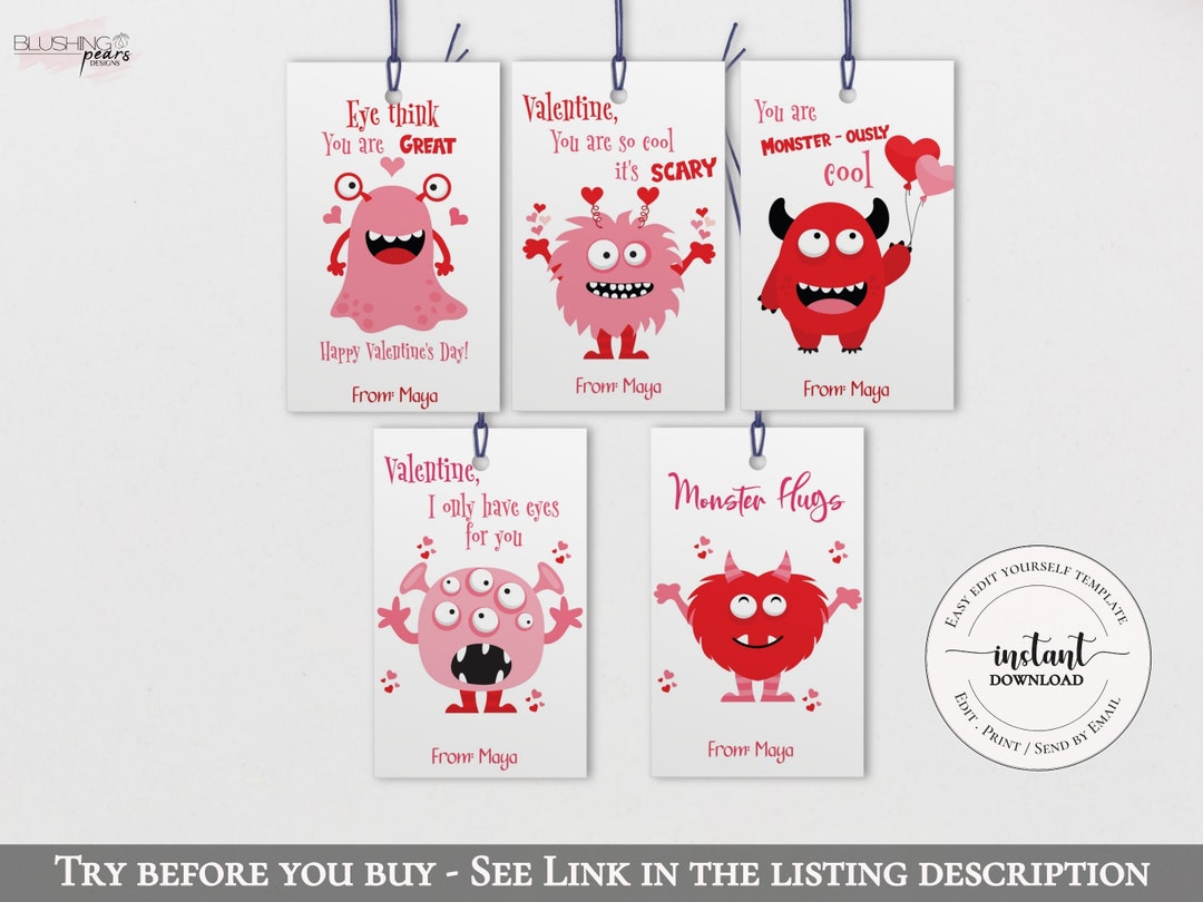 Monsters Valentines Gift Tag Bundle, School Valentine's Day Gift Tag, I ...