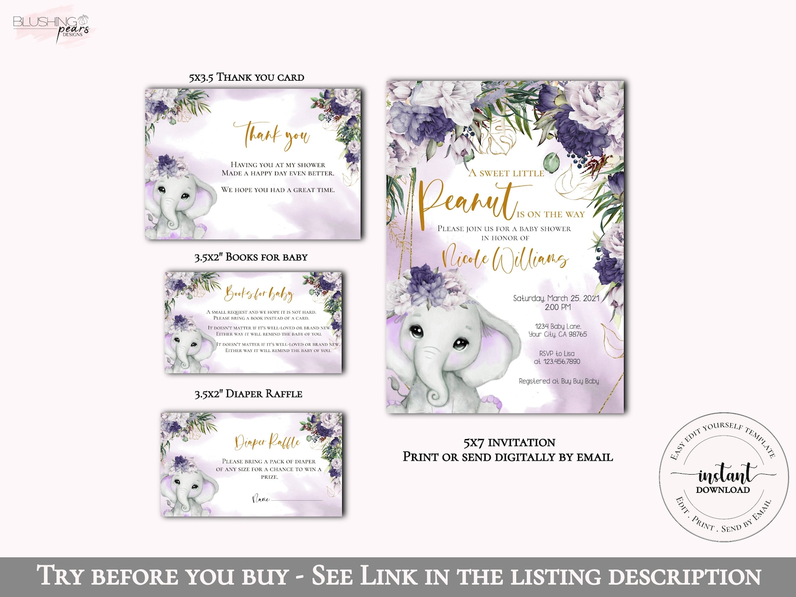 Elephant Baby Shower Invitation Bundle Purple Elephant Baby - Etsy
