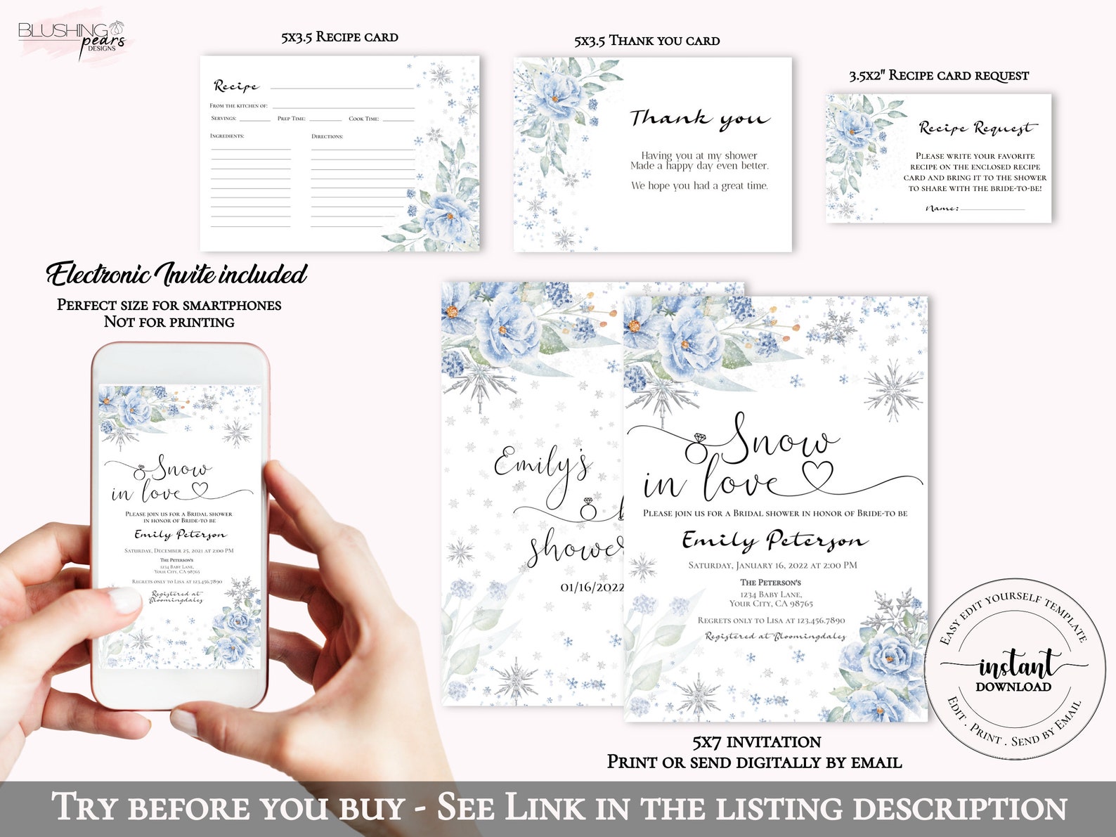 Snow in Love Bridal Shower Invitation Set Snowflakes Bridal - Etsy