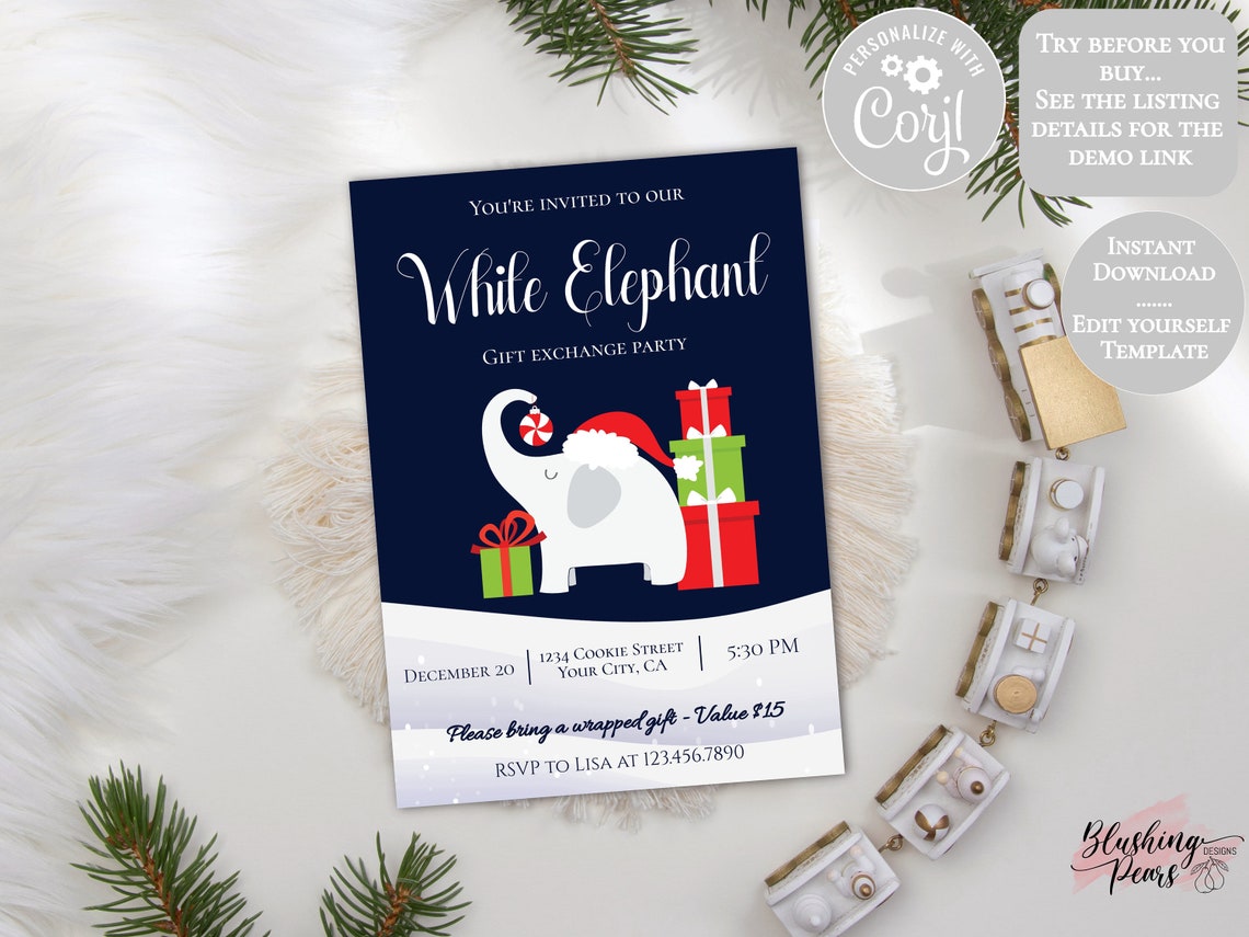 White Elephant Party Invitation, Christmas Gift Exchange Party ...
